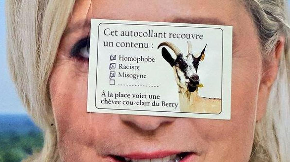 Une chèvre recouvre des affiches de campagne du RN