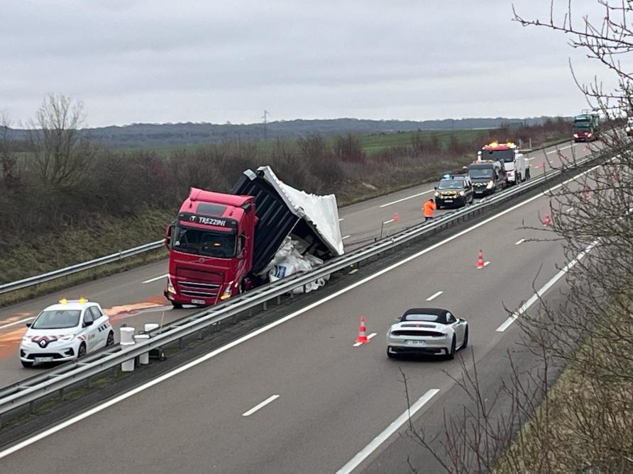 Un poids lourd se renverse sur l’A5 ce lundi, la circulation est perturbée